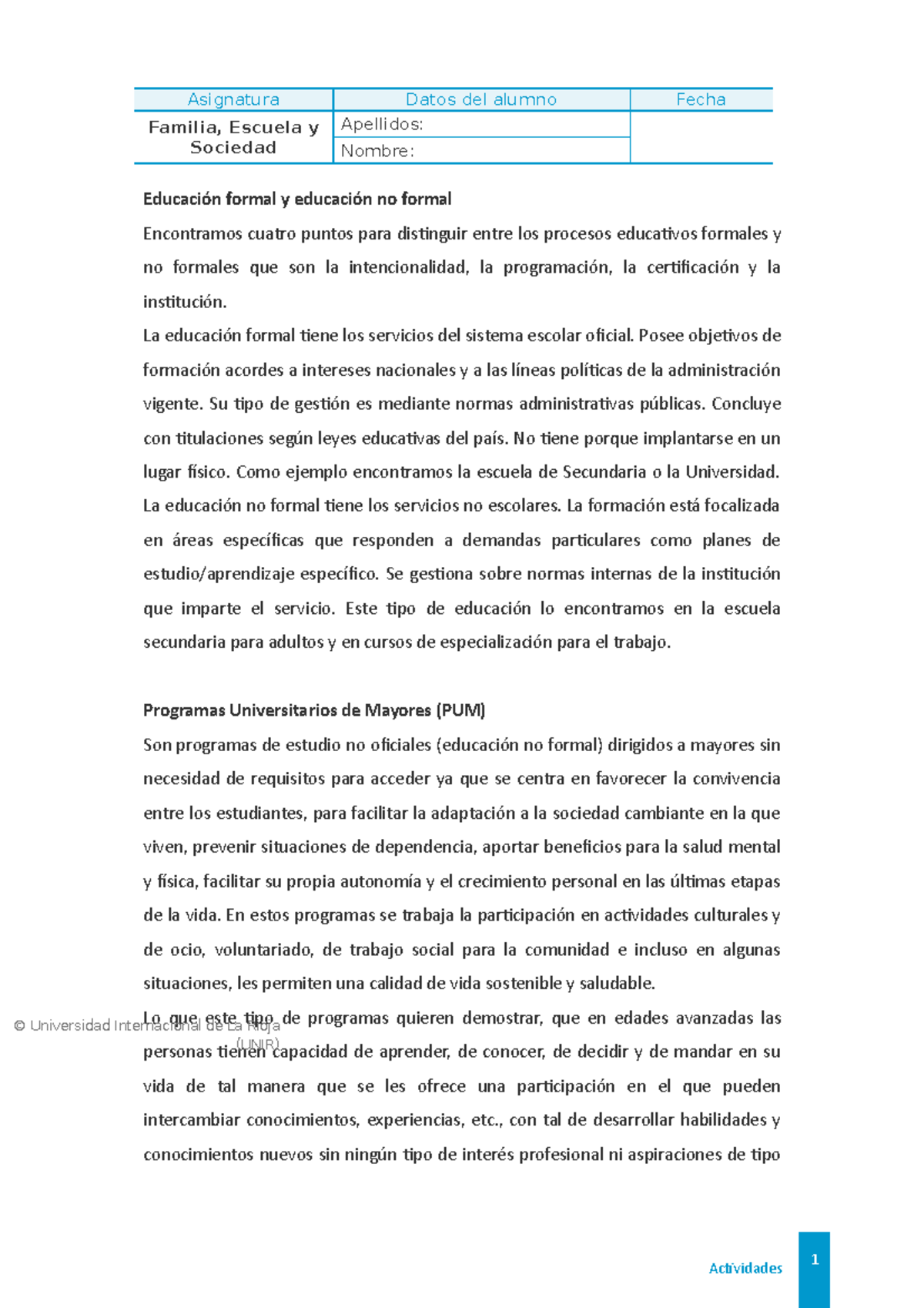 Actividad: Educación Formal y No Formal en Familia, Escuela y Sociedad ...