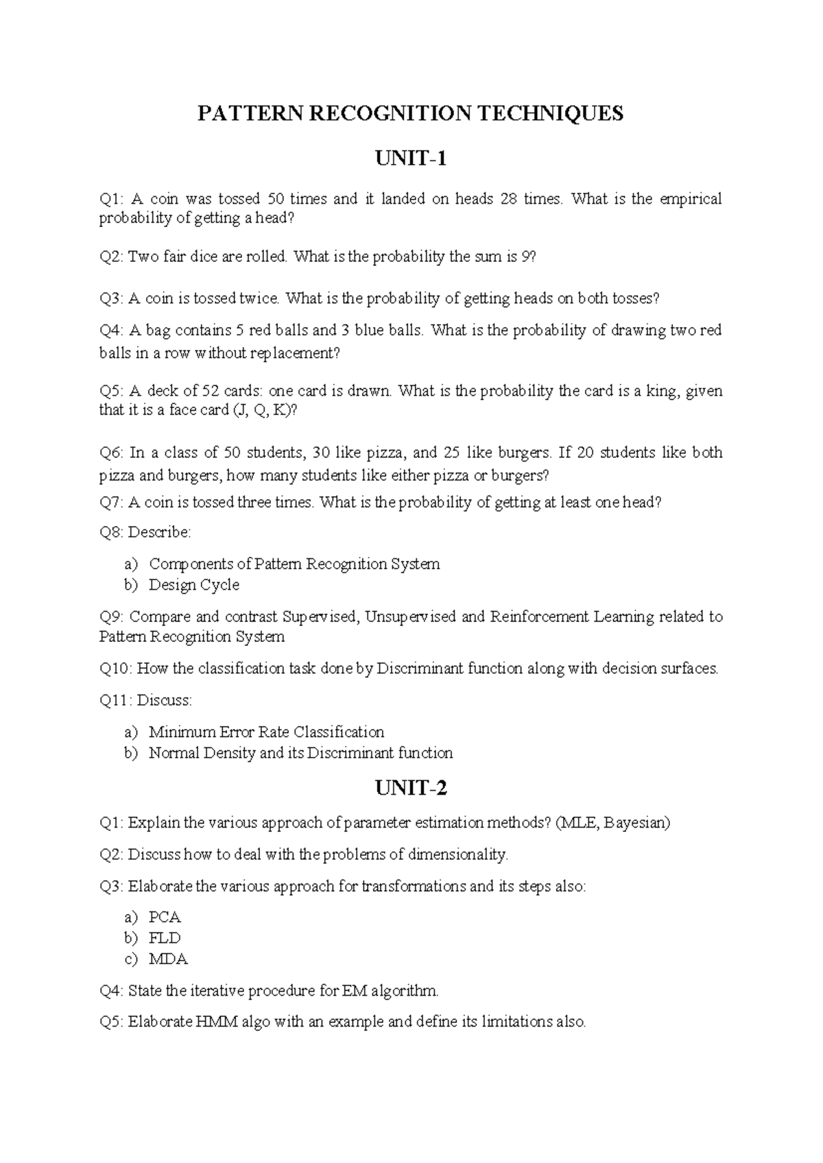 Pattern Recognition Techniques Q1-Q11: Question Bank - Studocu
