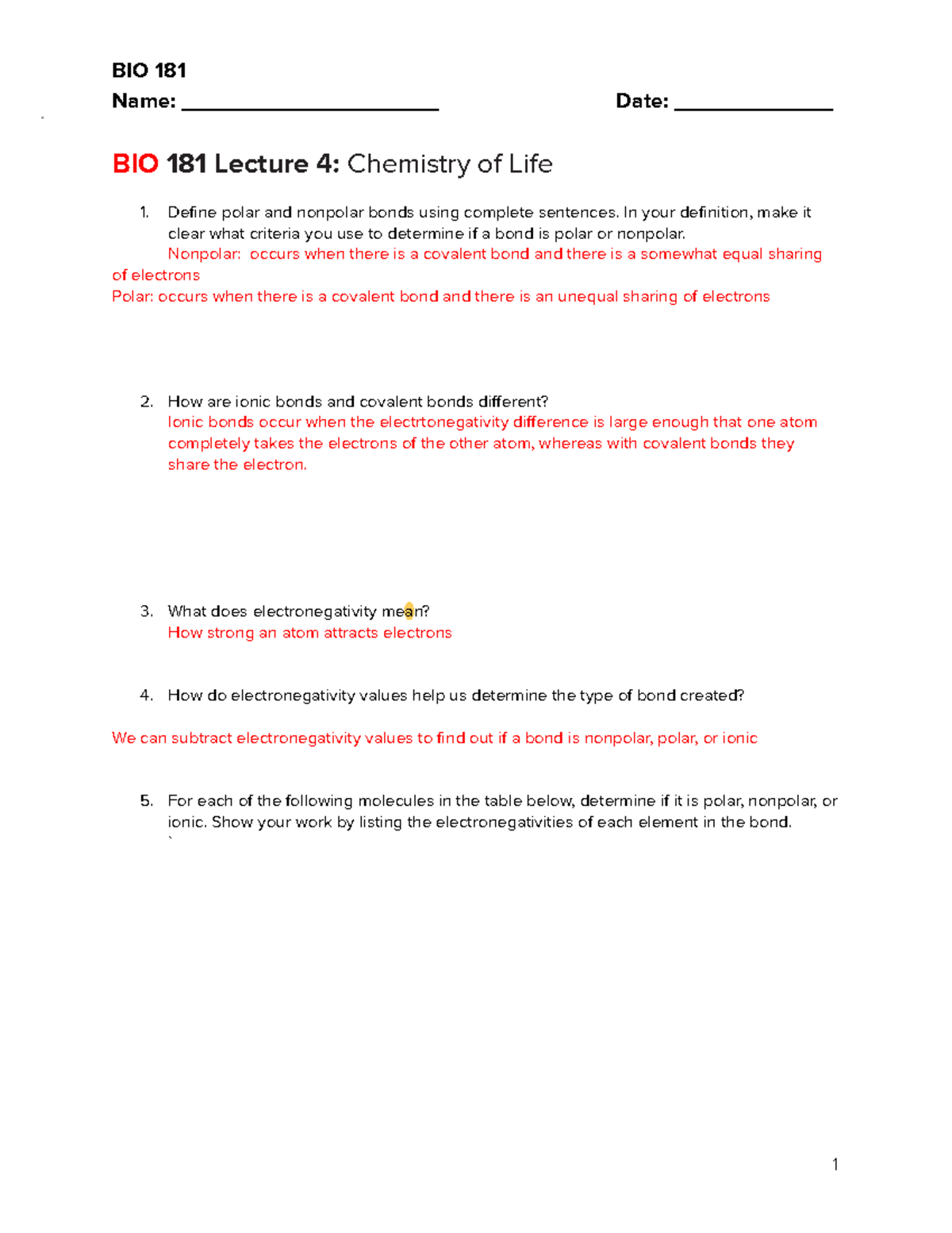 BIO 181 Chemistry of Life In-Class Participation Worksheet - Studocu