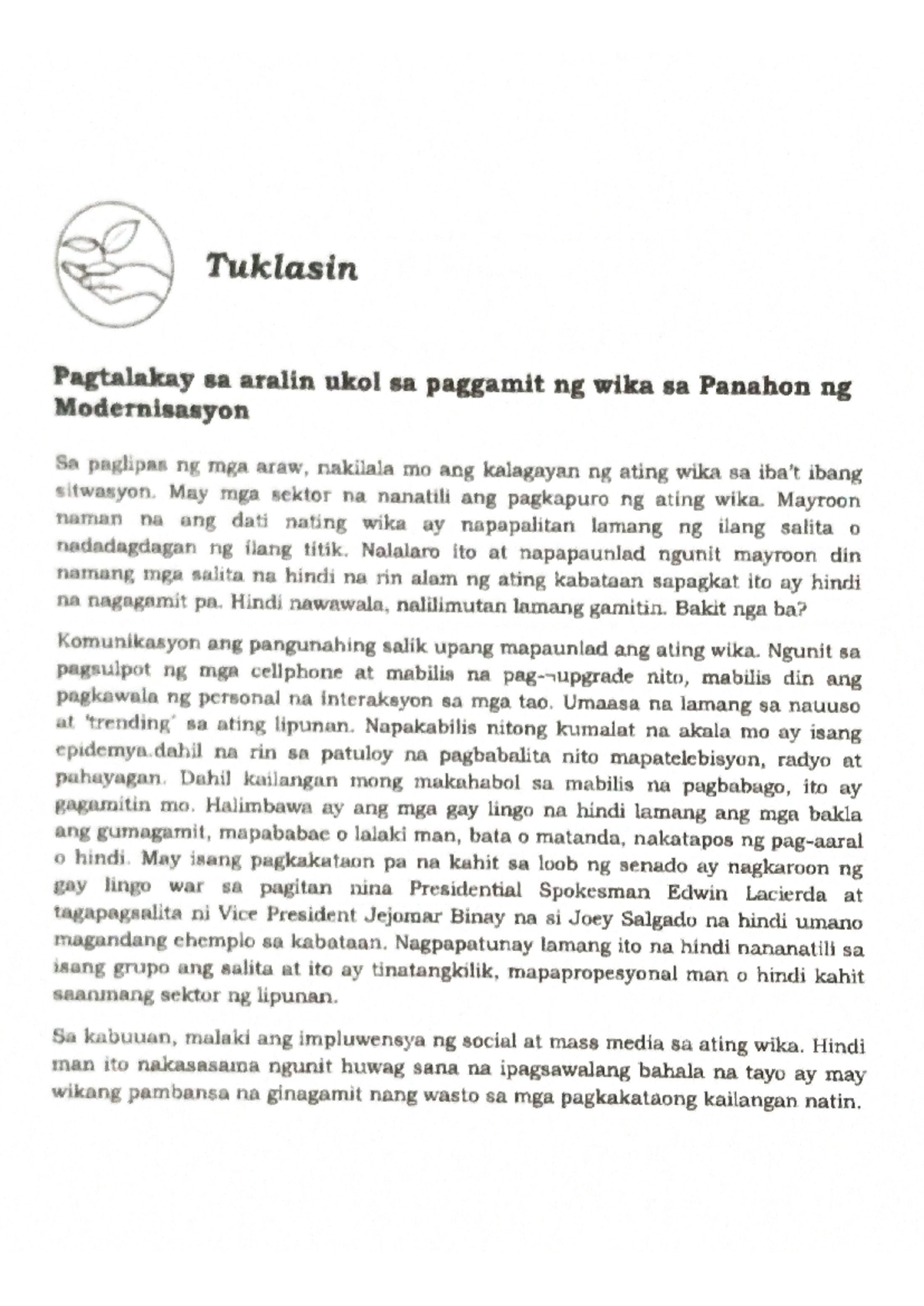 Tuklasin ang Paggamit ng Wika sa Modernisasyon: Isang Pagtalakay - Studocu
