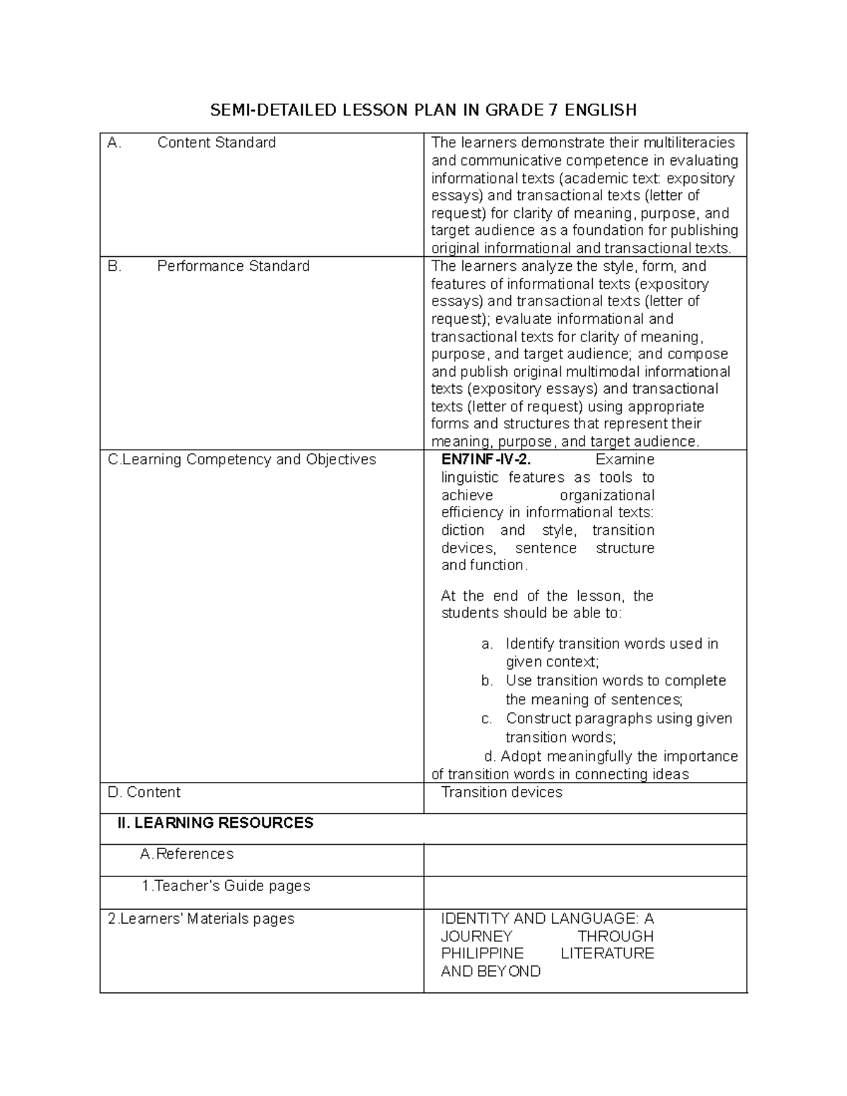 LP-ENG-7: Detailed Lesson Plan on Transition Words for Grade 7 - Studocu