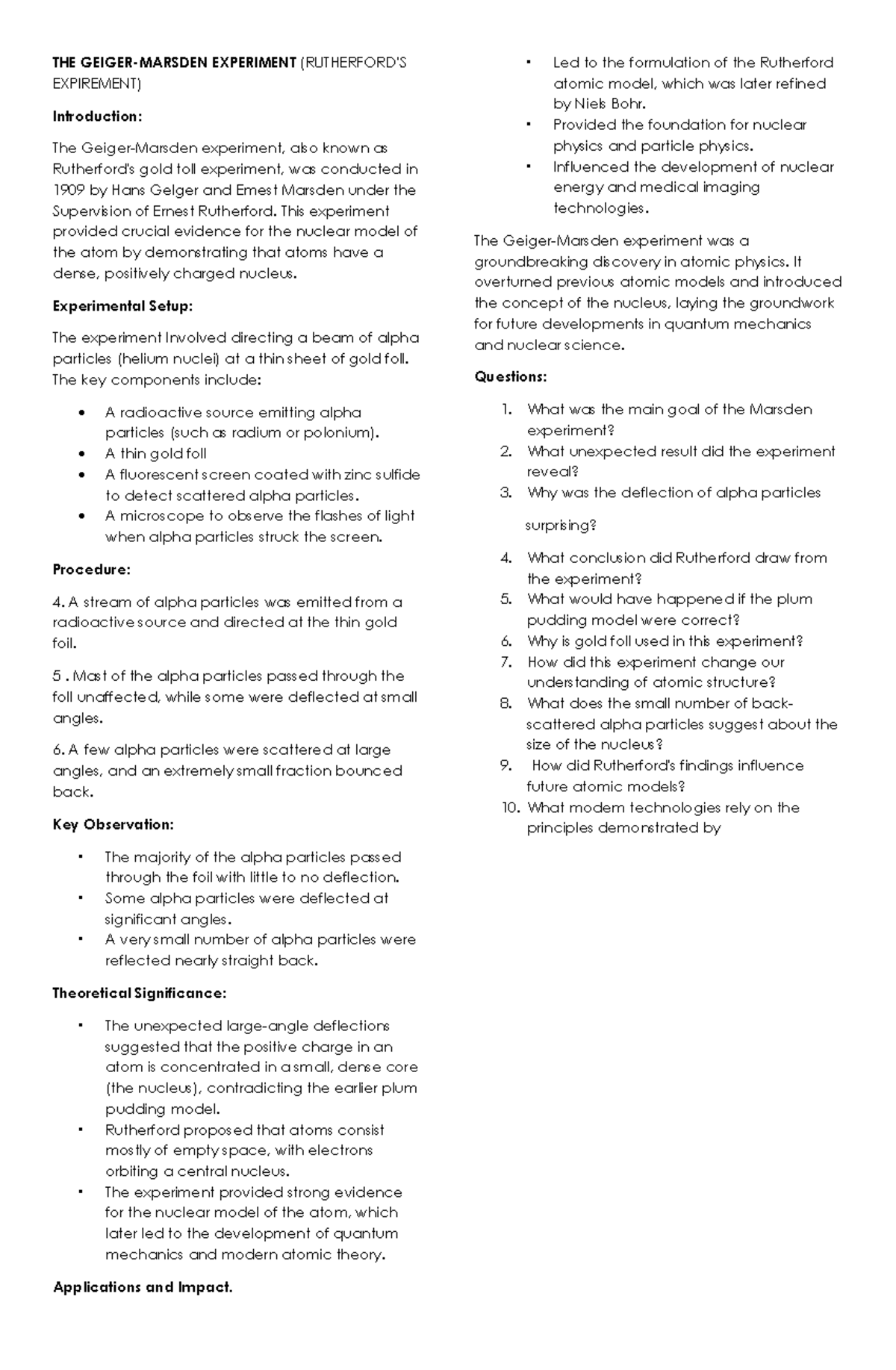Frank-Hertz & Geiger-Marsden Experiments: Key Insights in Atomic Physics - Studocu
