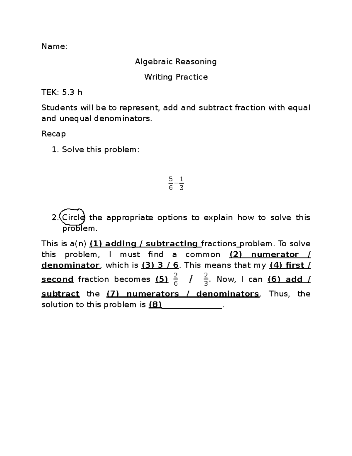 Algebraic Reasoning: Fraction Writing Practice TEK 5.3h - Studocu