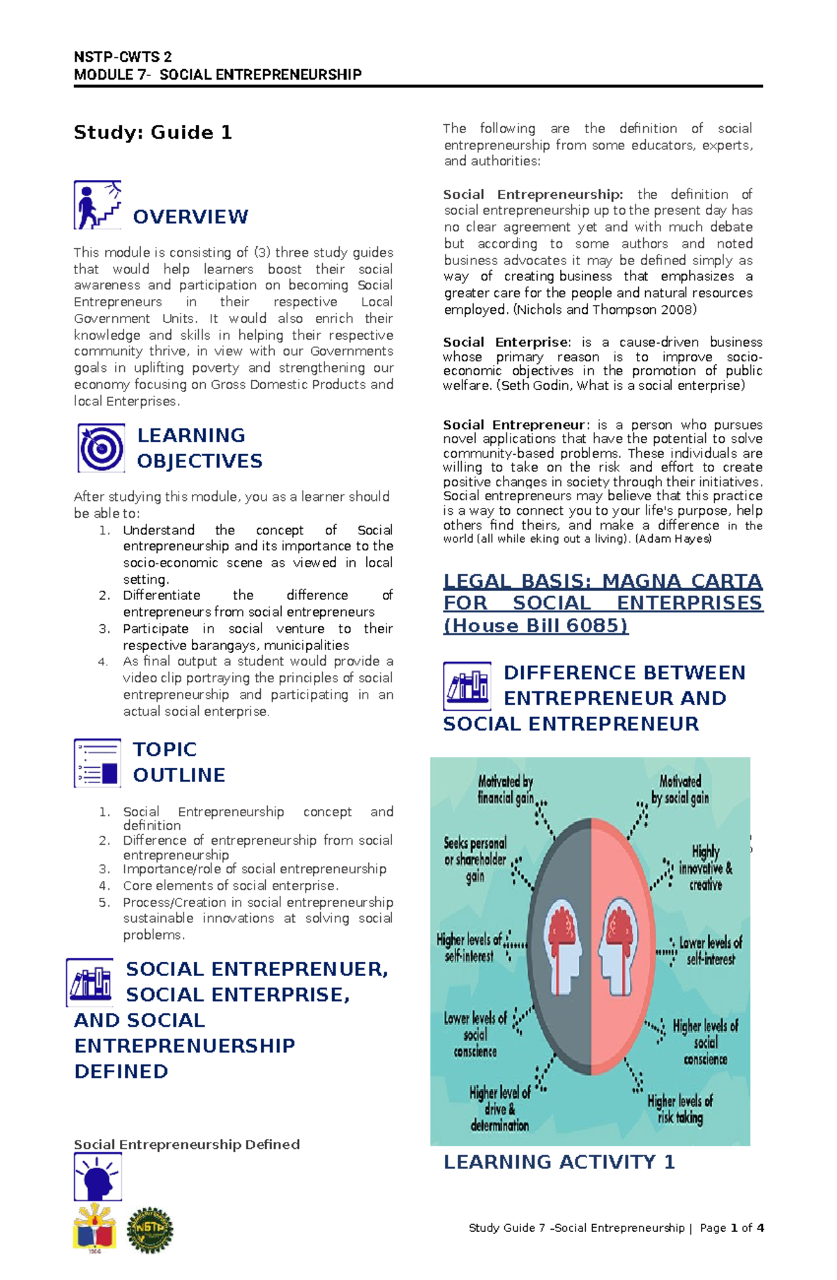 SOCIAL ENTREPRENEURSHIP MODULE 2: Study Guide 1 Overview & Activities ...