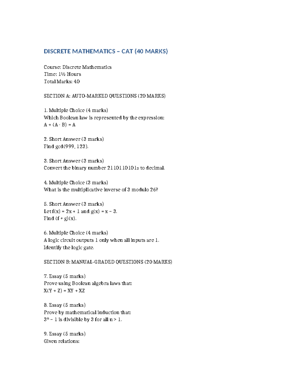 Discrete Mathematics CAT (40 Marks) - Exam Questions and Answers - Studocu