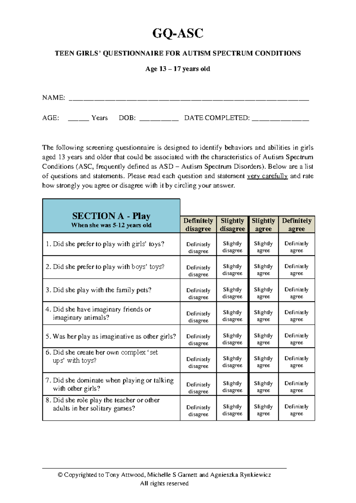 Q-ASC 13-17 Screening Questionnaire for Autism Spectrum Conditions ...
