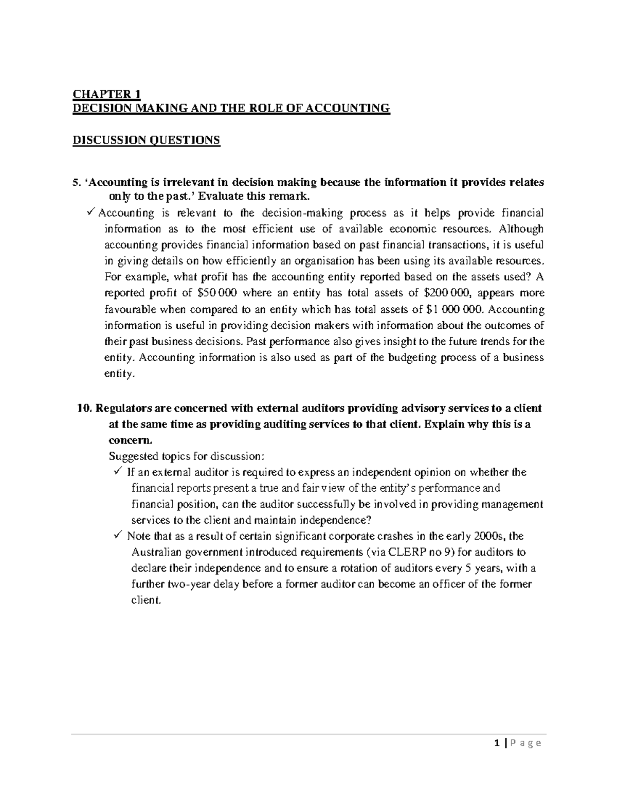 Week 2 Tutorial Solutions - CHAPTER 1 DECISION MAKING AND THE ROLE OF ...