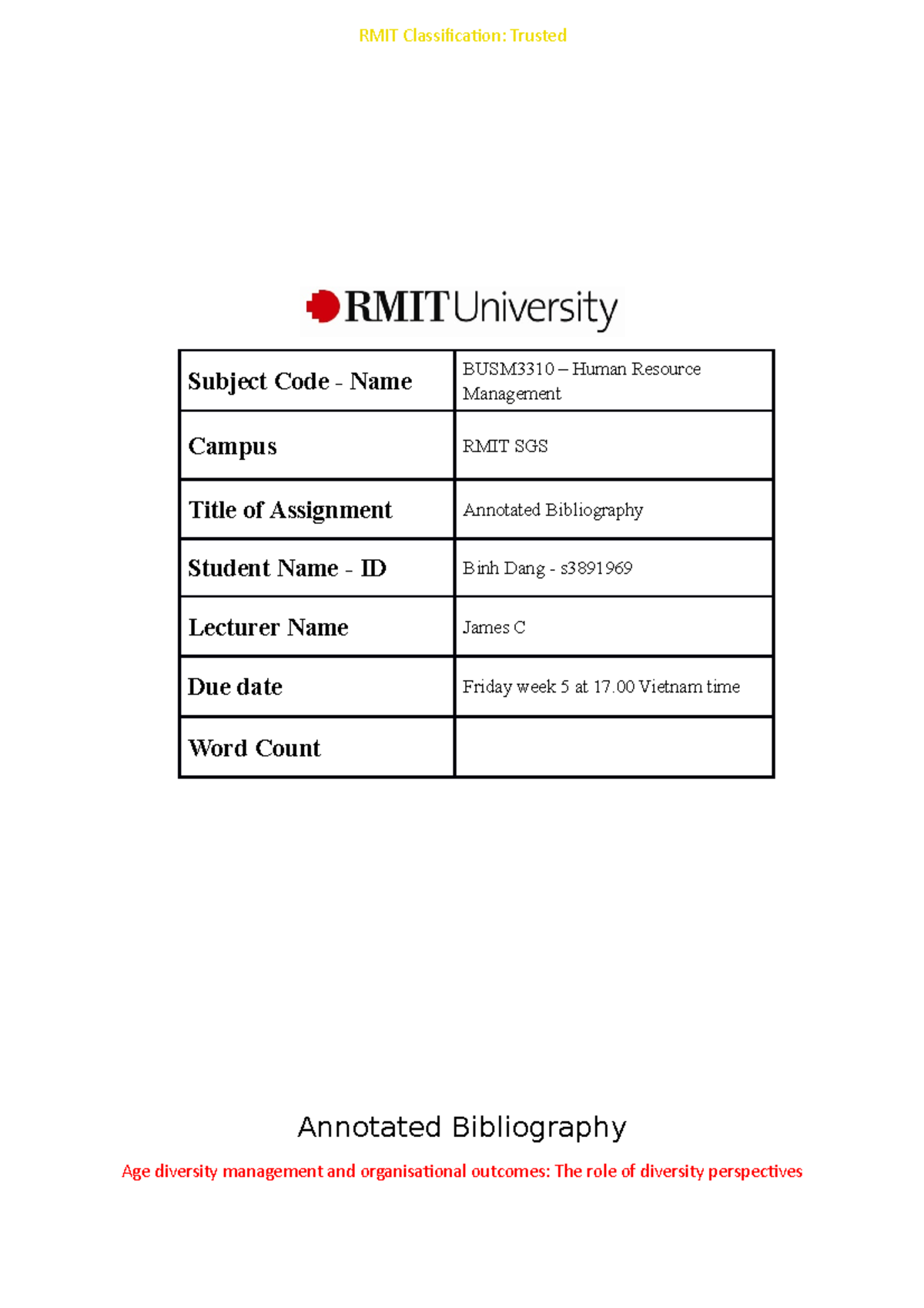 Annotated Bibliography - Questions - Subject Code - Name BUSM3310 ...