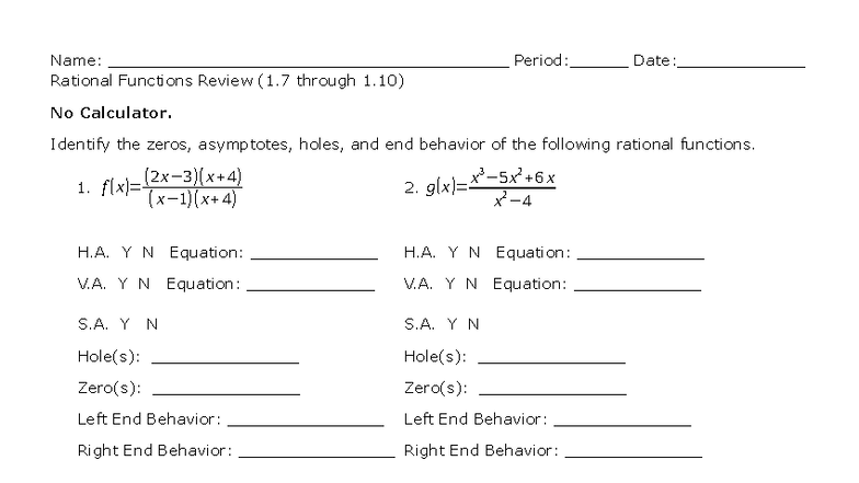 Rational Functions Review (1.7-1.10) No Calculator Worksheet - Studocu