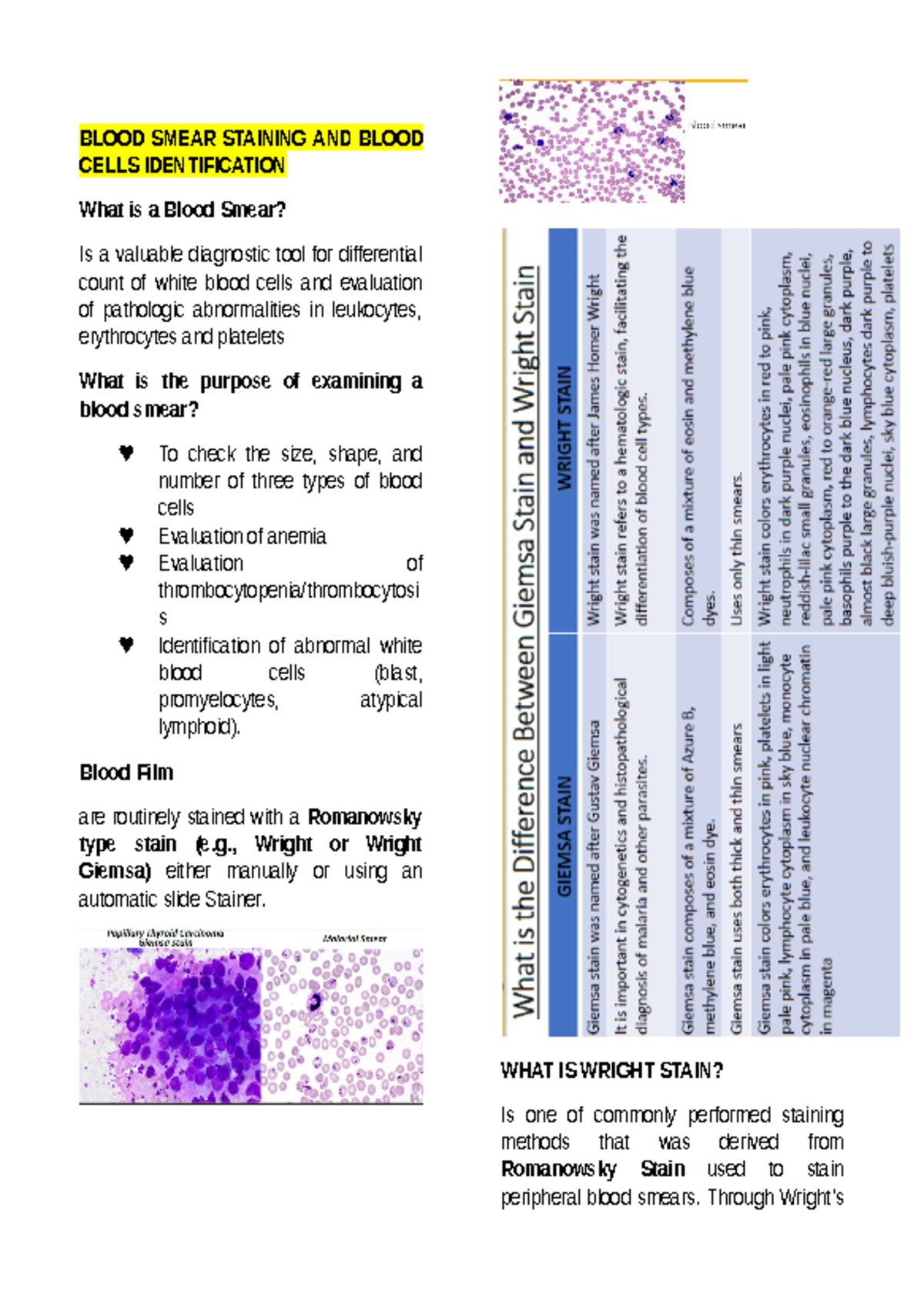 HEMA LAB SEMI Finals: Blood Smear Staining & Cell Identification - Studocu