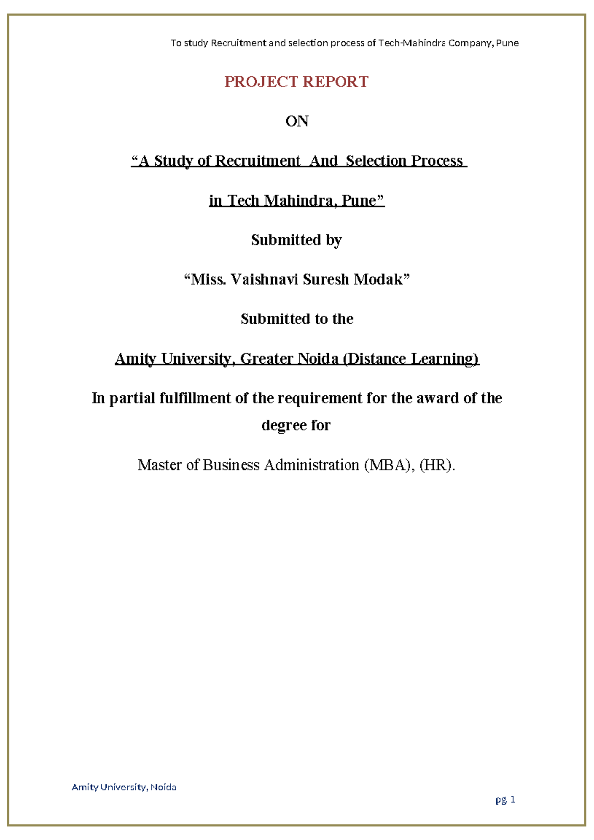 HR Project Report on Recruitment & Selection Process in Tech Mahindra ...