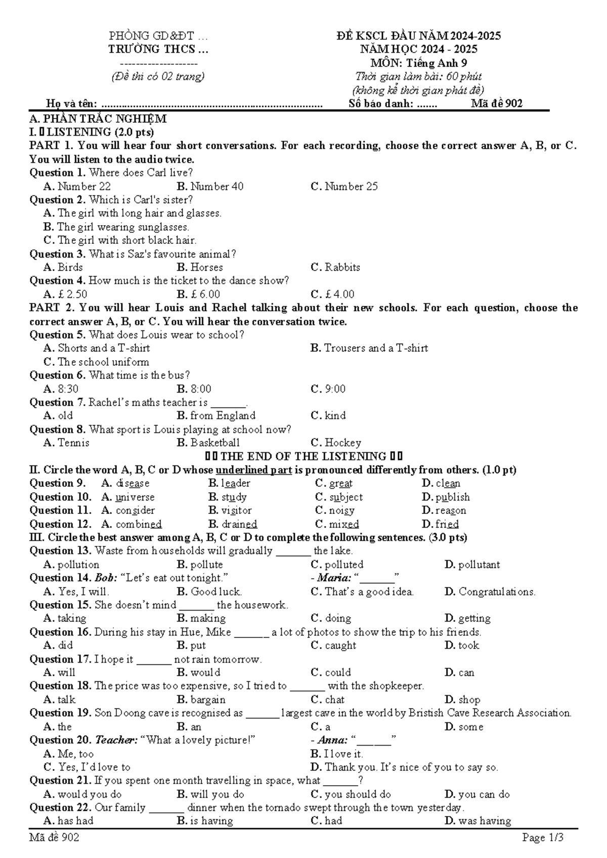 ĐỀ KSCL ĐẦU NĂM NĂM HỌC 2024-2025 MÔN: TIẾNG ANH 9 Mã đề 902 - Studocu