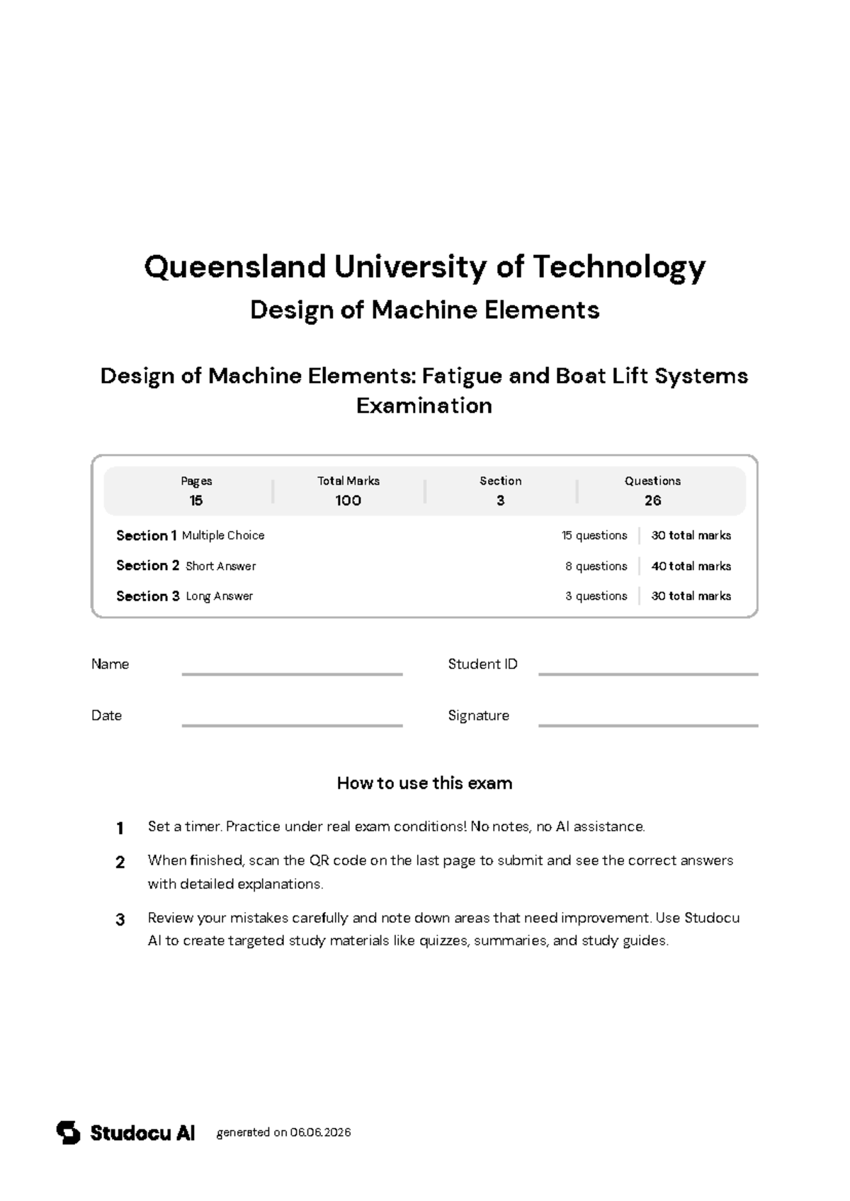 Design of Machine Elements: Fatigue & Boat Lift Exam - Studocu