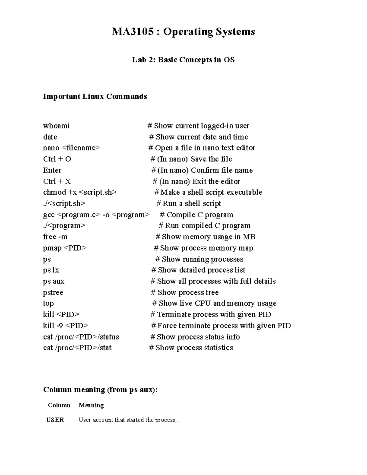 MA3105: OS Lab 2 - Key Linux Commands & Memory Management - Studocu