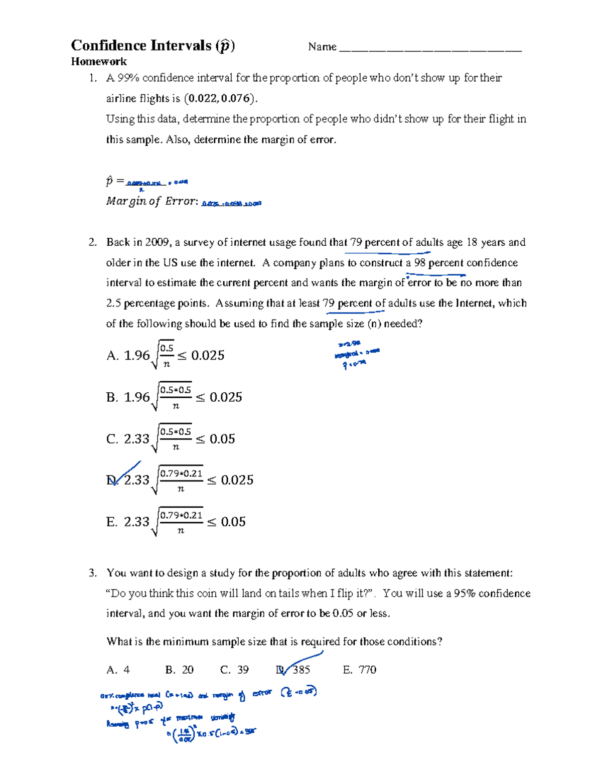 Confidence Intervals with Proportions Homework - Confidence Intervals ...