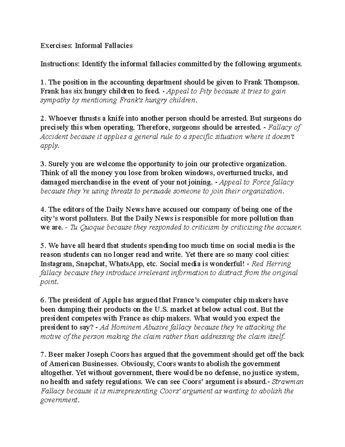 Informal Fallacies - Exercises: Informal Fallacies Instructions ...