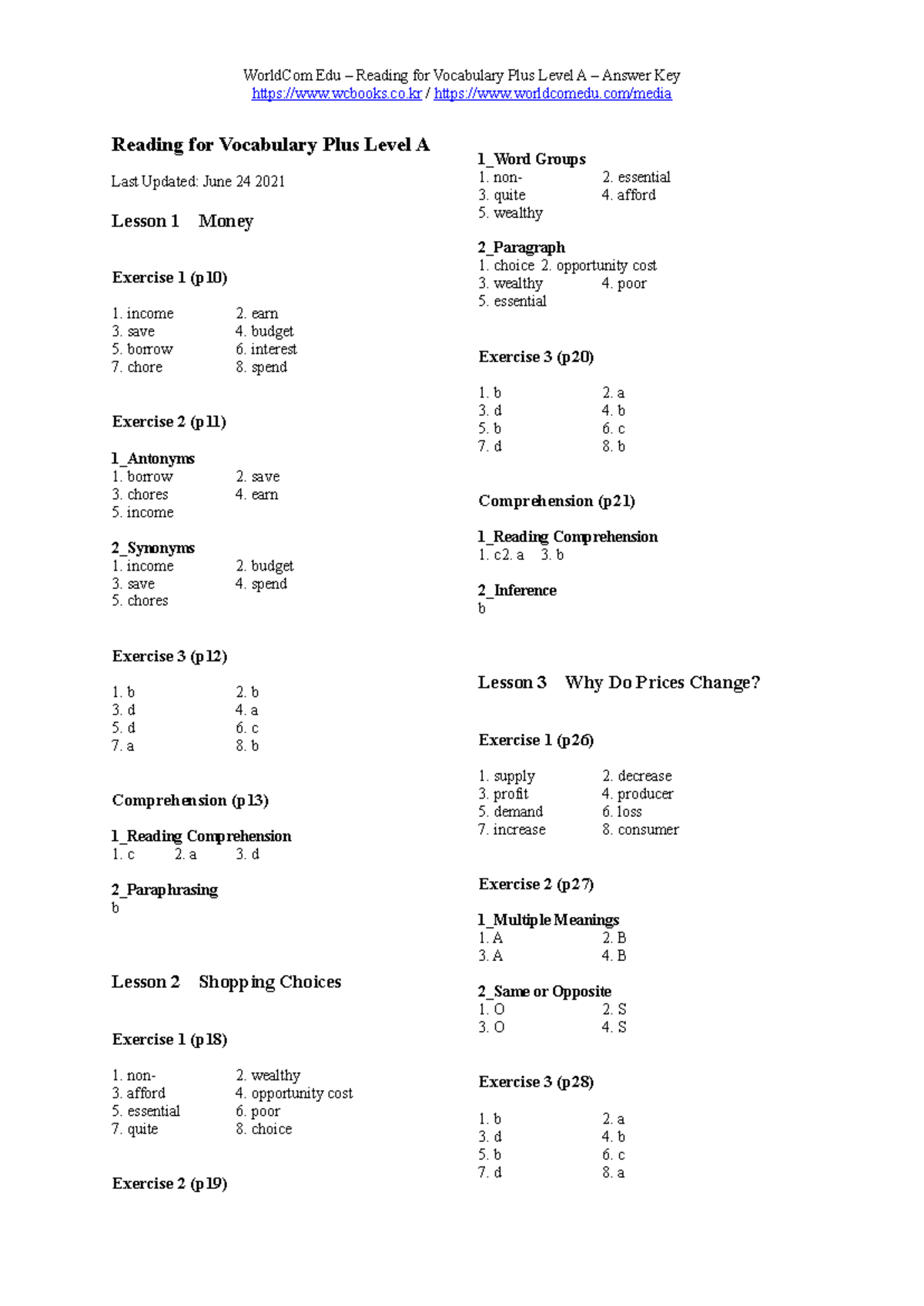 WorldCom Edu R for Vocab Plus Level A Answer Key - Studocu