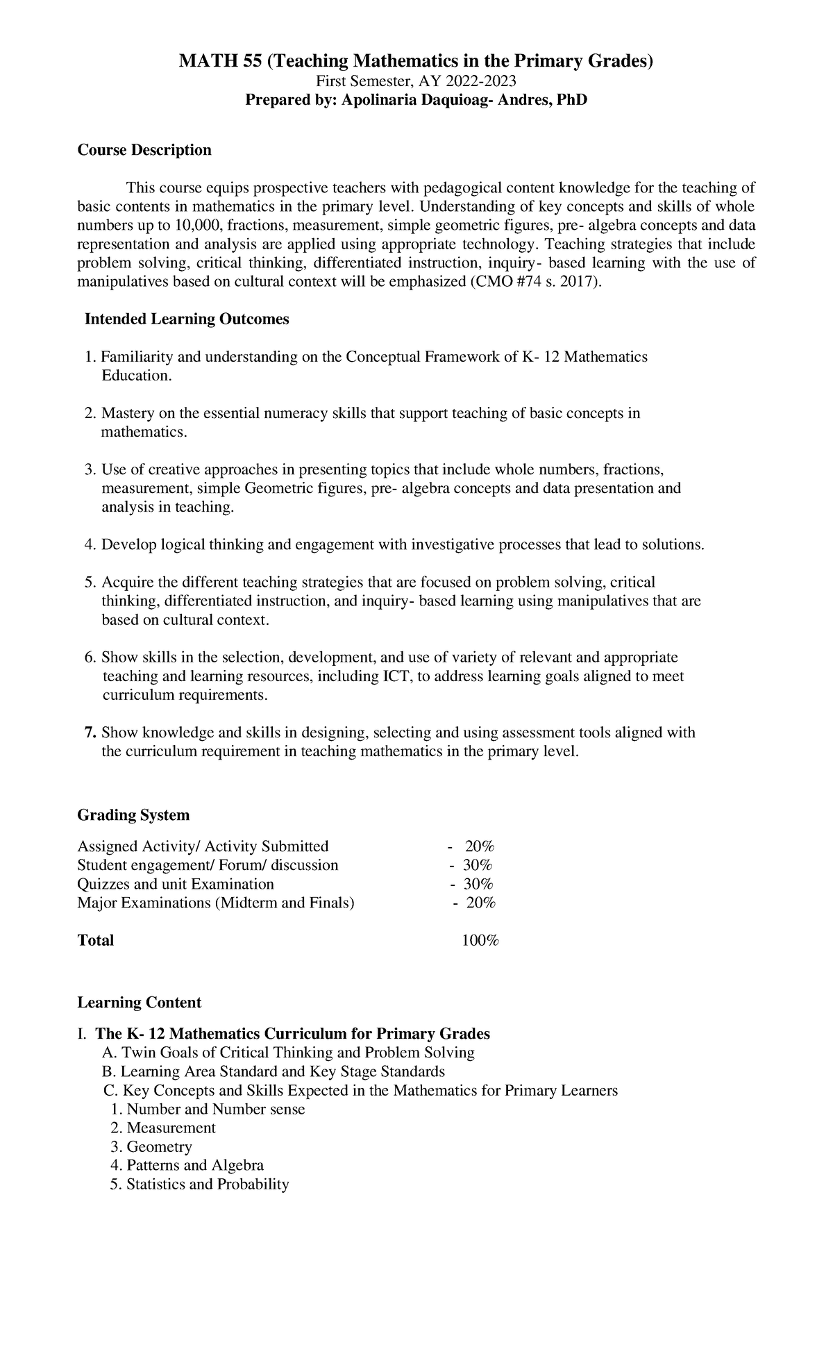 Teaching Mathematics in Primary Grades - MATH 55 Course Overview - Studocu