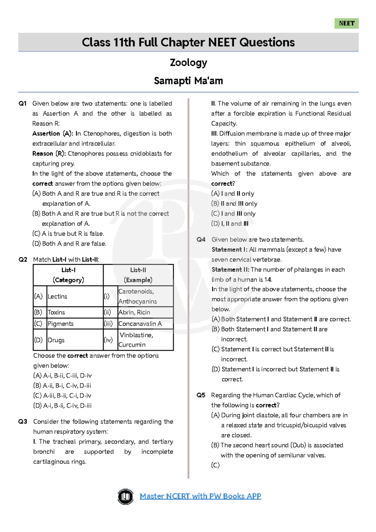 Class 11 NEET Zoology Full Chapter Questions and Answers - Studocu