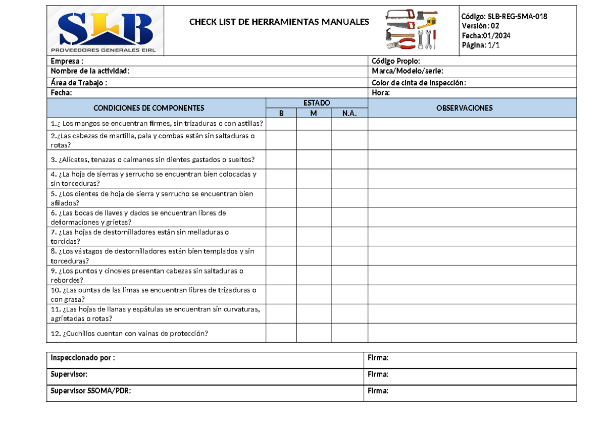Check List de Herramientas y Equipos SLB 2024 - Studocu