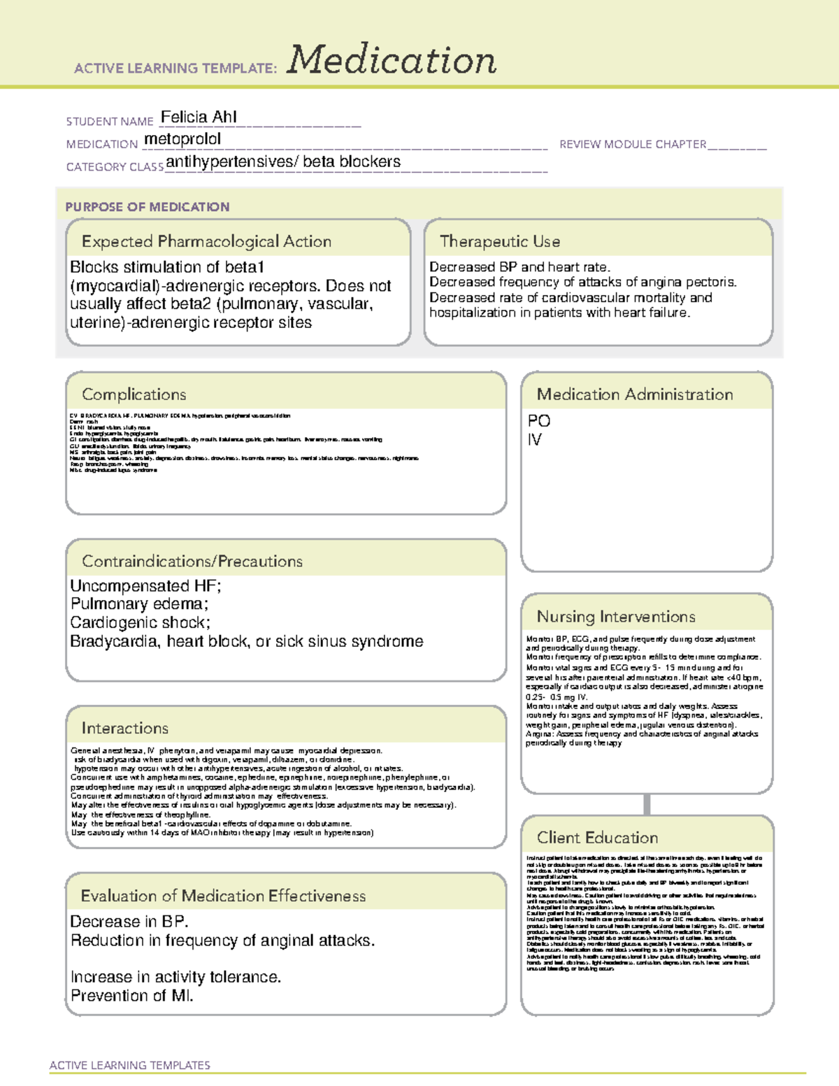 Metoprolol - drug cards - ACTIVE LEARNING TEMPLATES Medication STUDENT ...