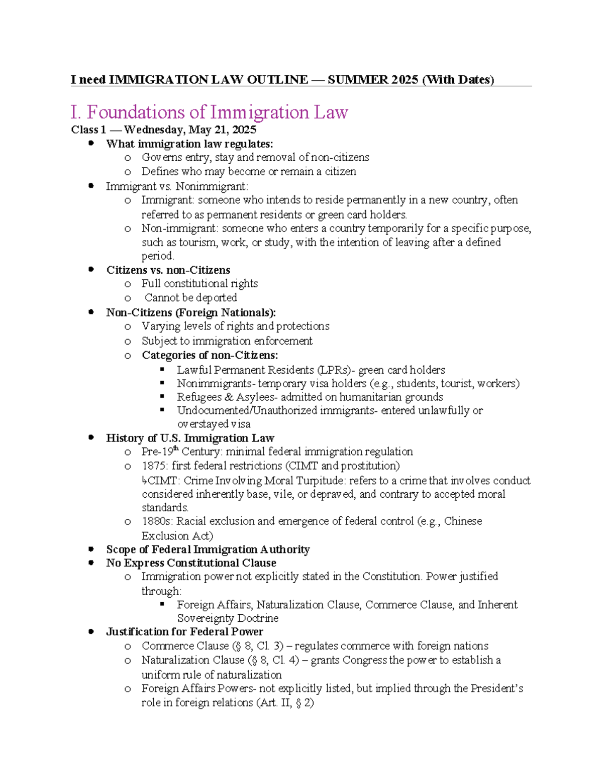 IMMIGRATION LAW OUTLINE SUMMER 2025: Key Concepts & Cases - Studocu