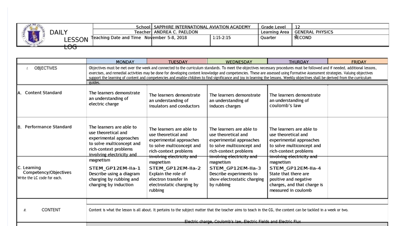 PHYSICS 2 Lesson Log: Understanding Electric Charges & Fields - Studocu