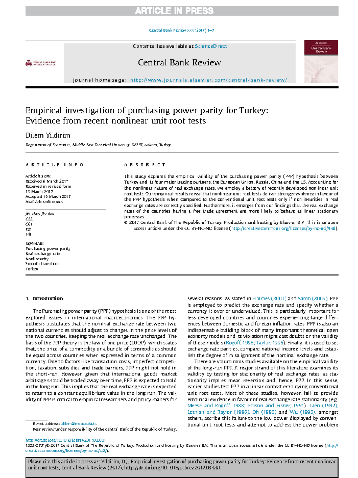 Empirical Analysis of Purchasing Power Parity in Turkey: Nonlinear Unit ...