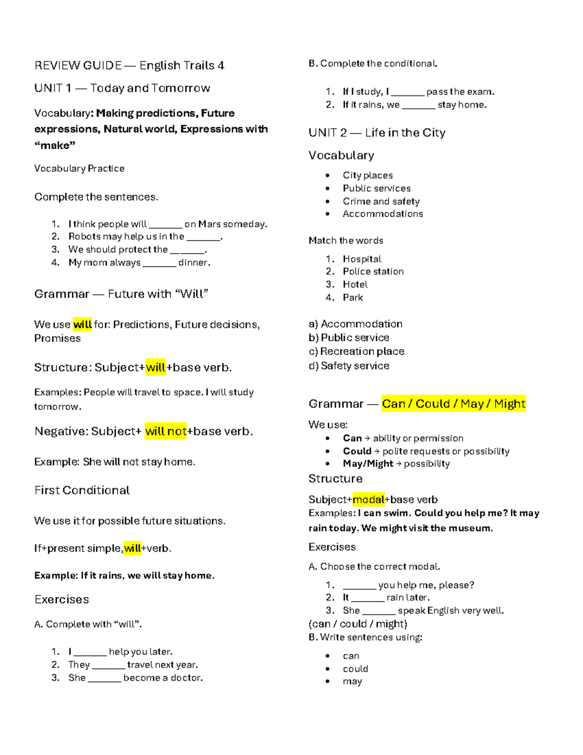 Review Guide: English Trails 4 - Units 1-4 Vocabulary & Grammar - Studocu