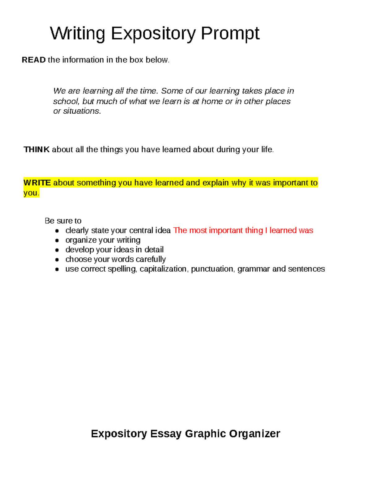 Graphic Organizer for Expository Essay: Learning Something New - Studocu