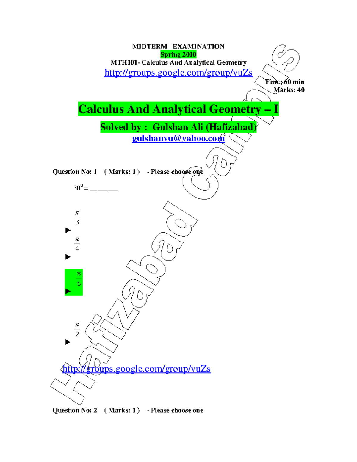 paper for midterm - MIDTERM EXAMINATION Spring 2010 MTH101- Calculus And Analytical Geometry ...