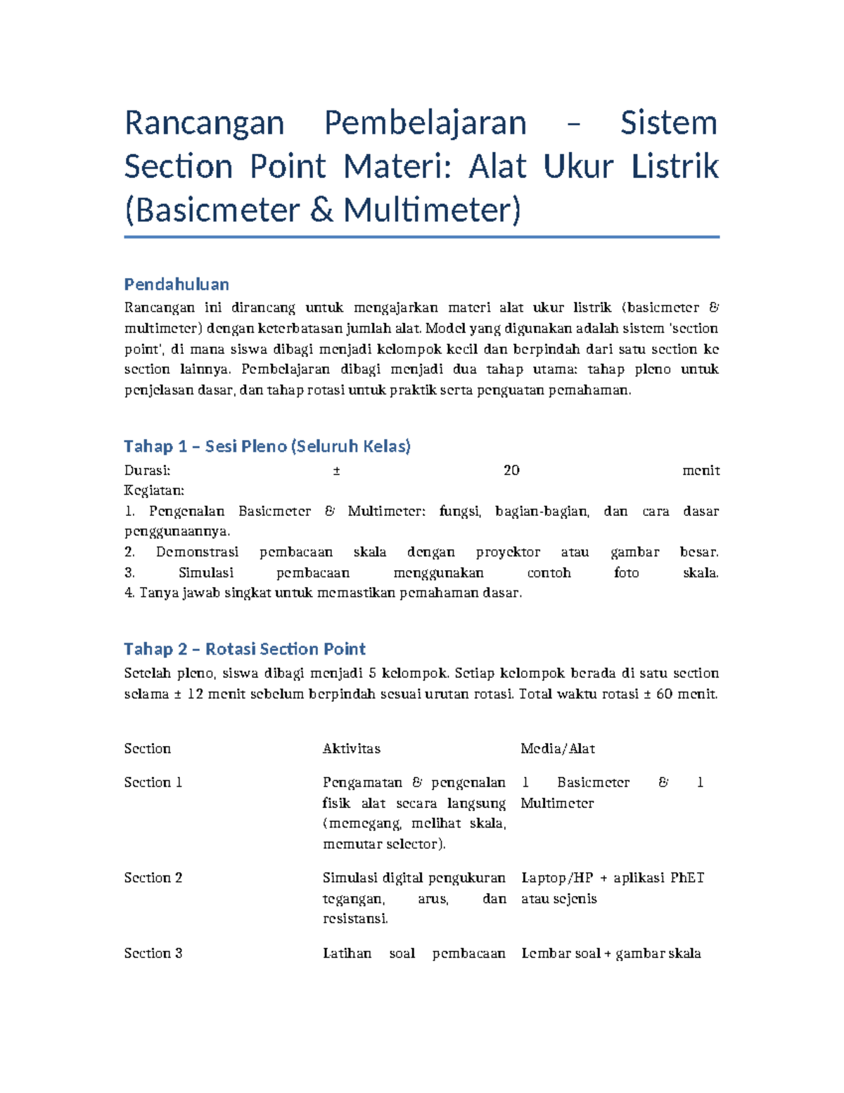 Rancangan Pembelajaran Sistem Section Point: Alat Ukur Listrik - Studocu