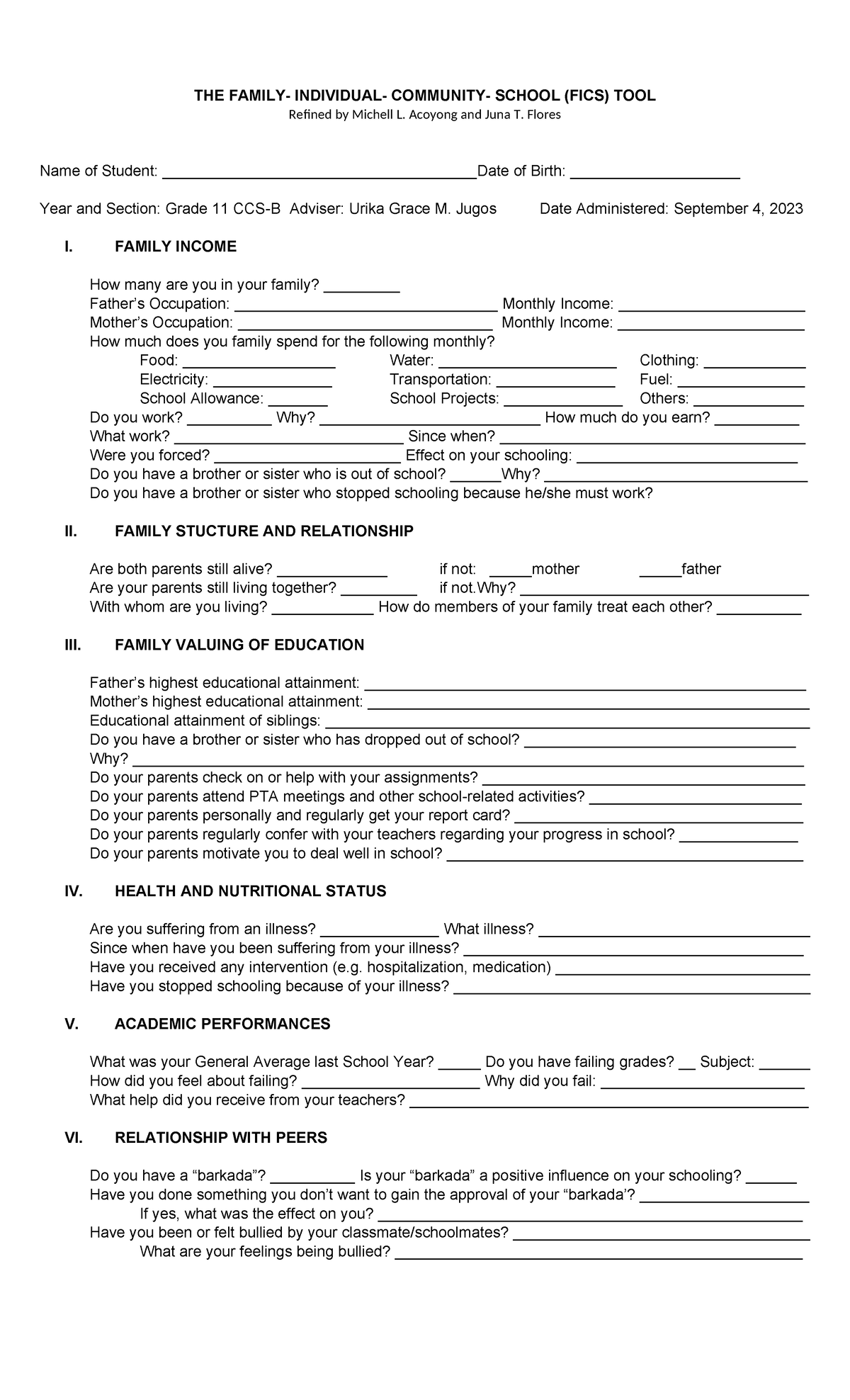 FICS-TOOL: Family-Individual-Community-School Assessment Guide - Studocu