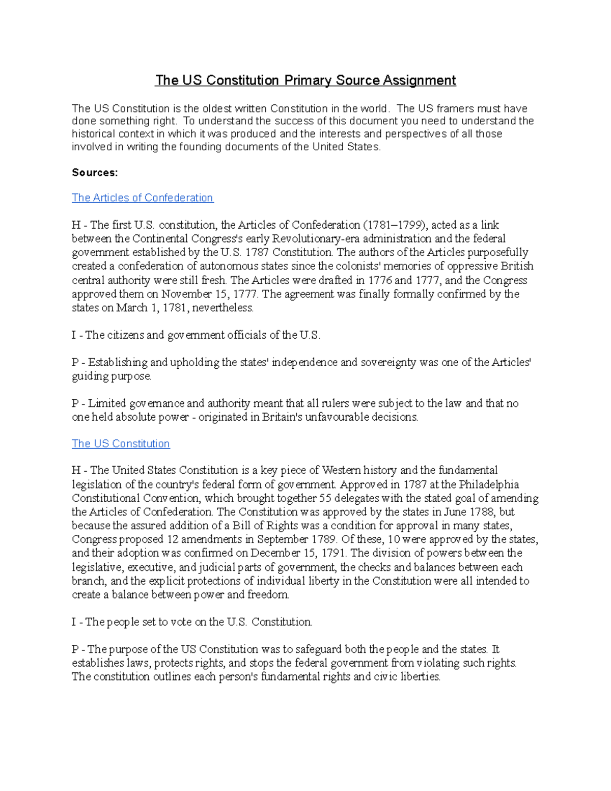 The US Constitution Primary Source Assignment 1 - The US framers must ...