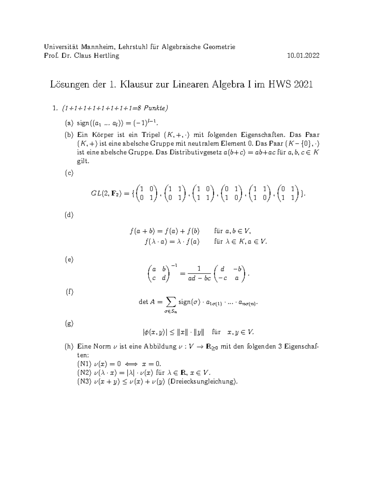 Altklausur zur Linearen Algebra I (Kl 21 1 l) - Prof. Dr. Claus ...