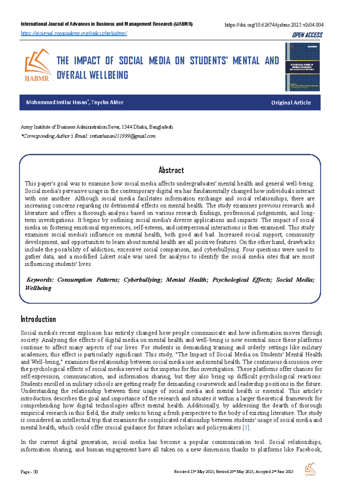 Impact of Social Media on Mental Health: Insights from Students (IJABMR ...