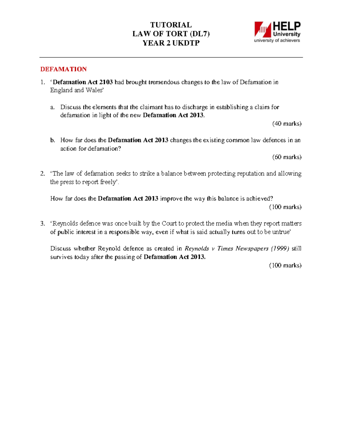 20. Defamation (Specimen Questions) S2020 copy - TUTORIAL LAW OF TORT ...