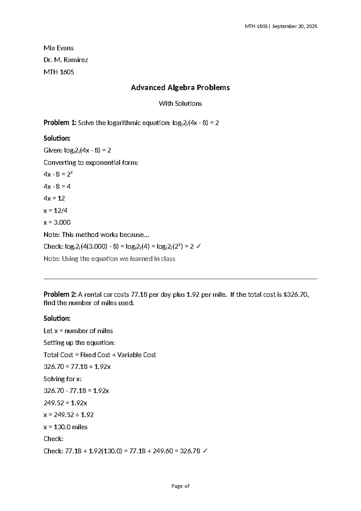 MTH 160S Advanced Algebra Problems & Solutions - September 2025 - Studocu