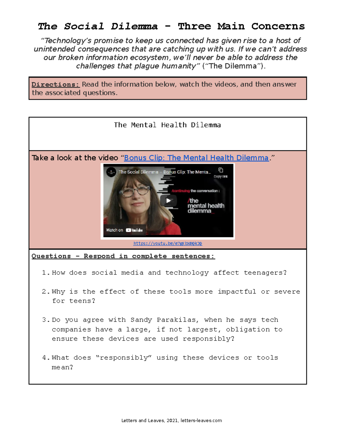 The Social Dilemma Pre-Watching - Three Main Concerns - The Social ...