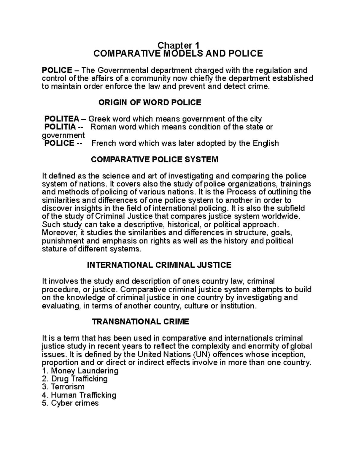 Chapter 1: Comparative Models in Police Systems (CJ 101) - Studocu