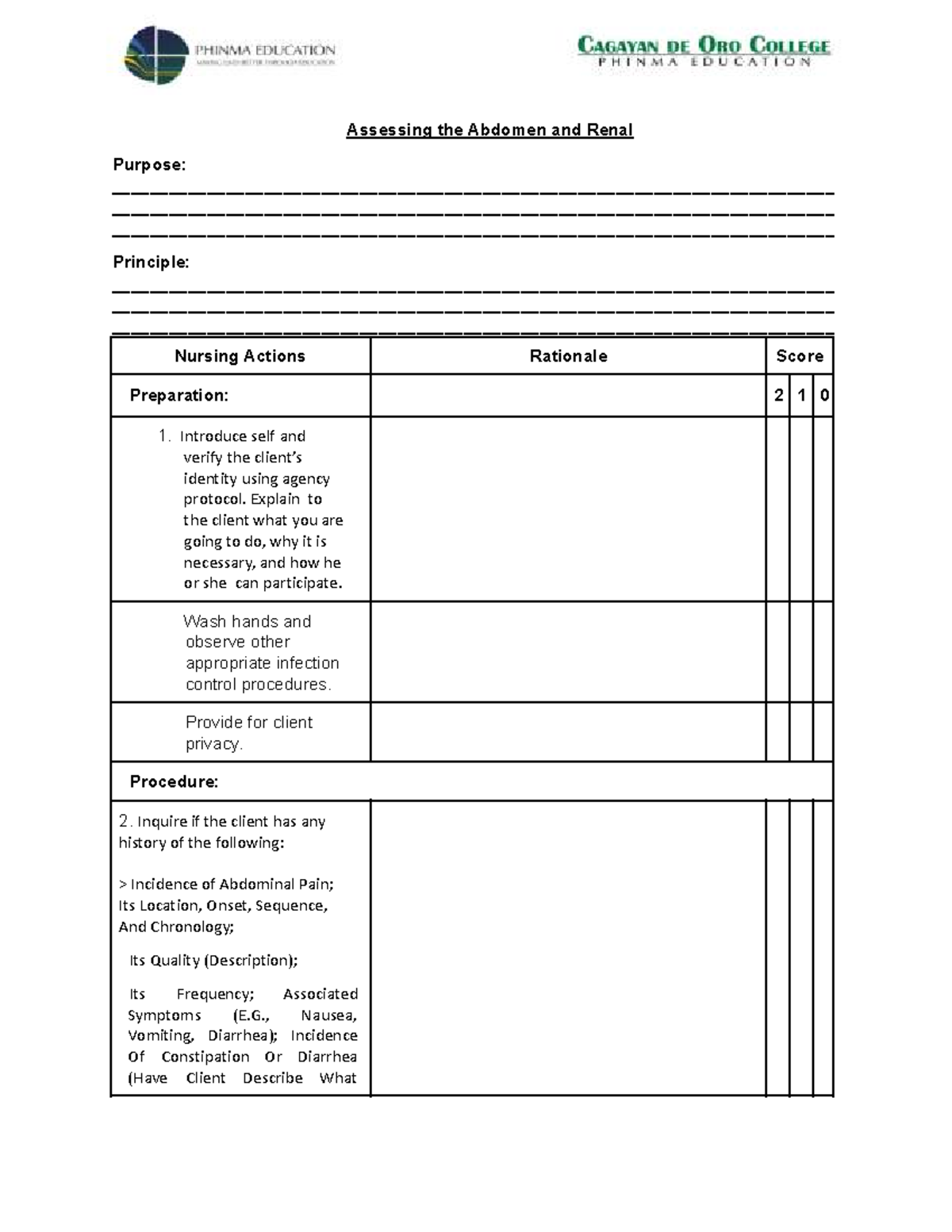 HA of ONLY Retdem: Abdomen AND Renal Checklist - Assessing the Abdomen ...