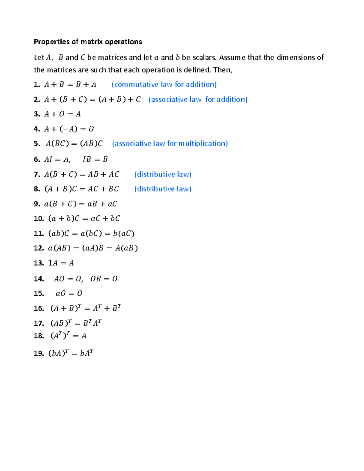 Math 122 Lecture Notes: Properties of Matrix Operations - Studocu
