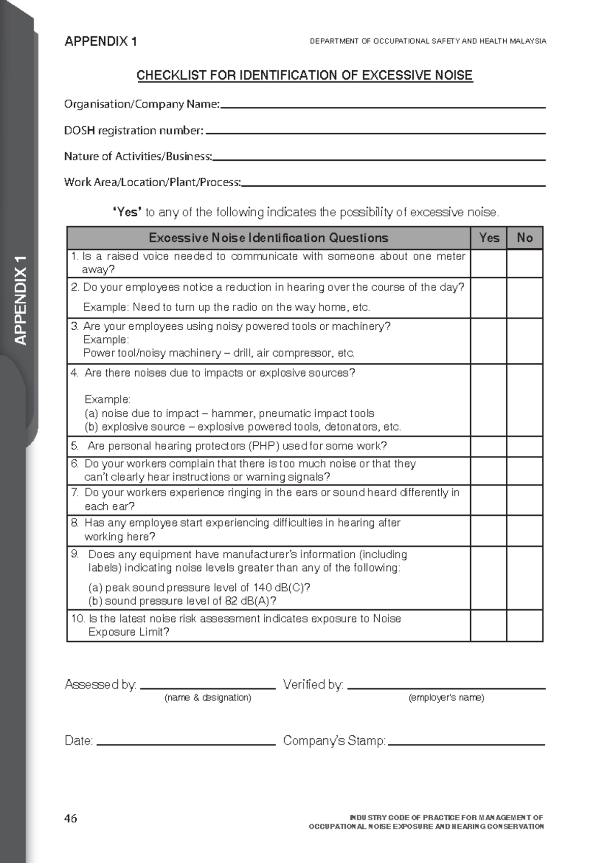 Appendix 1: Noise Exposure Checklist for Occupational Safety Management ...