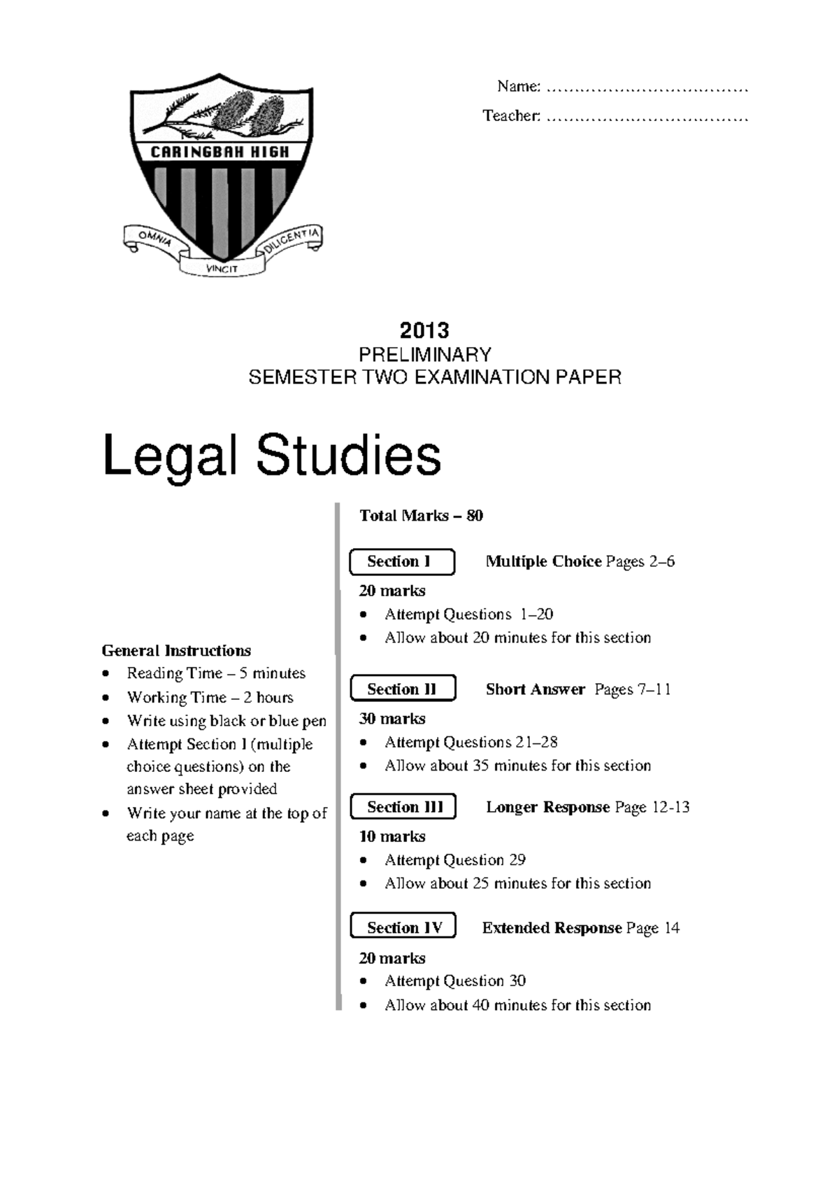 2013 Legal Studies Preliminary Exam Paper & Marking Guidelines - Studocu