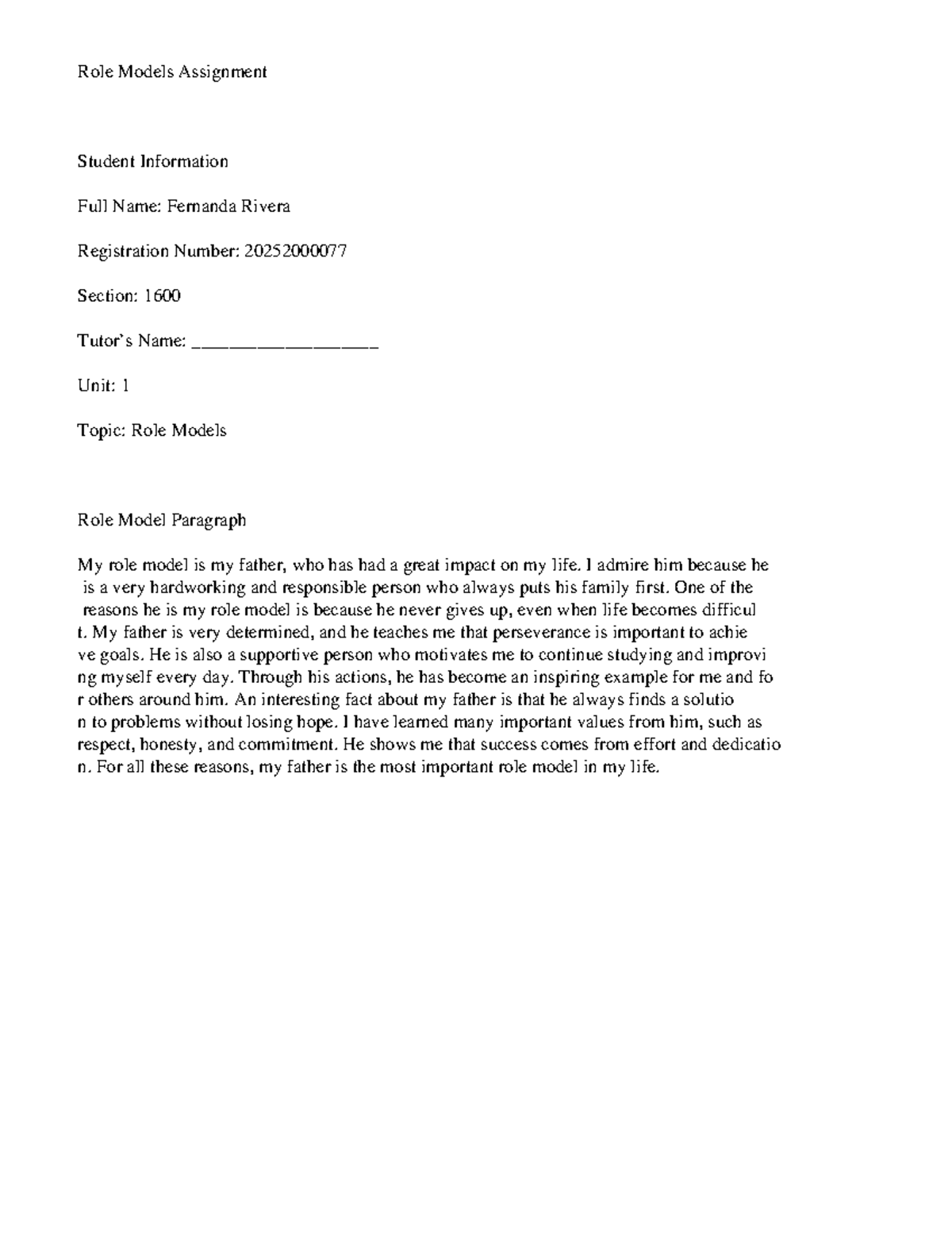 U1 T1 A1: Role Models Assignment - My Father's Influence - Studocu