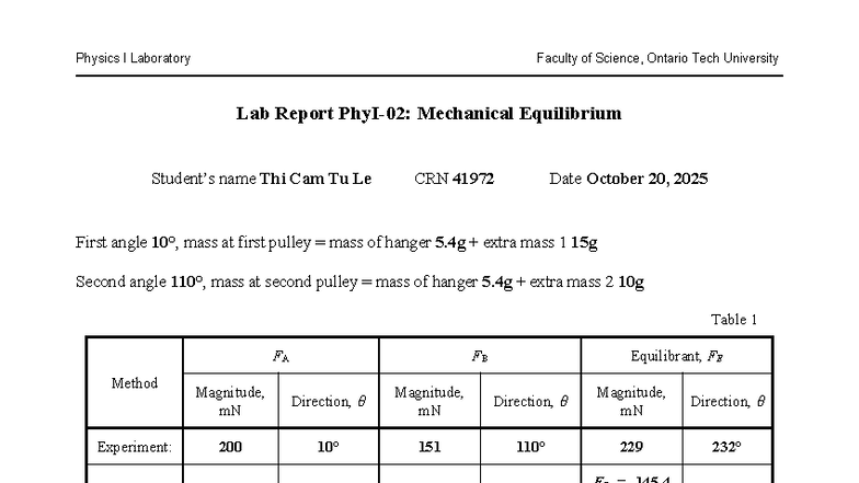 Physics I Lab Report: Mechanical Equilibrium Analysis (CRN 41972) - Studocu