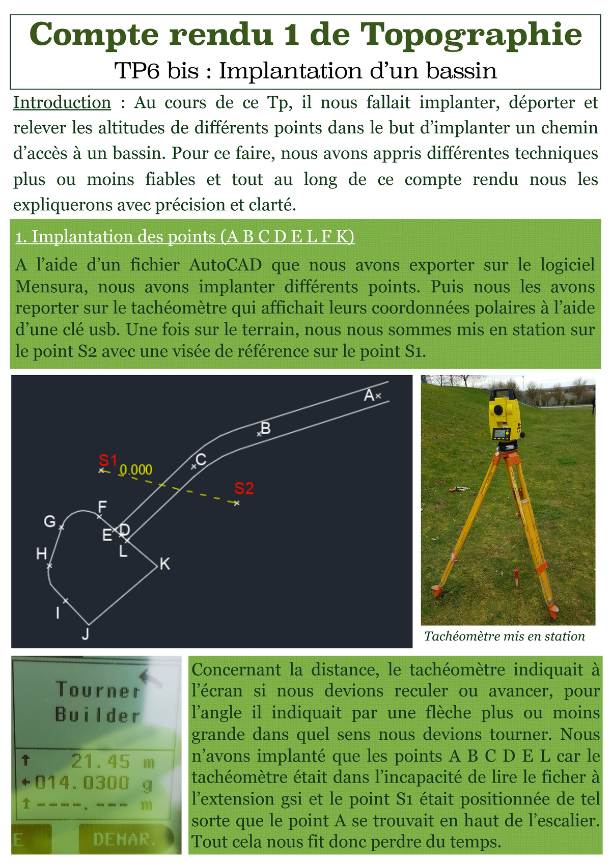 Compte rendu de topographie - implantation d’un bassin - UPJV - Studocu