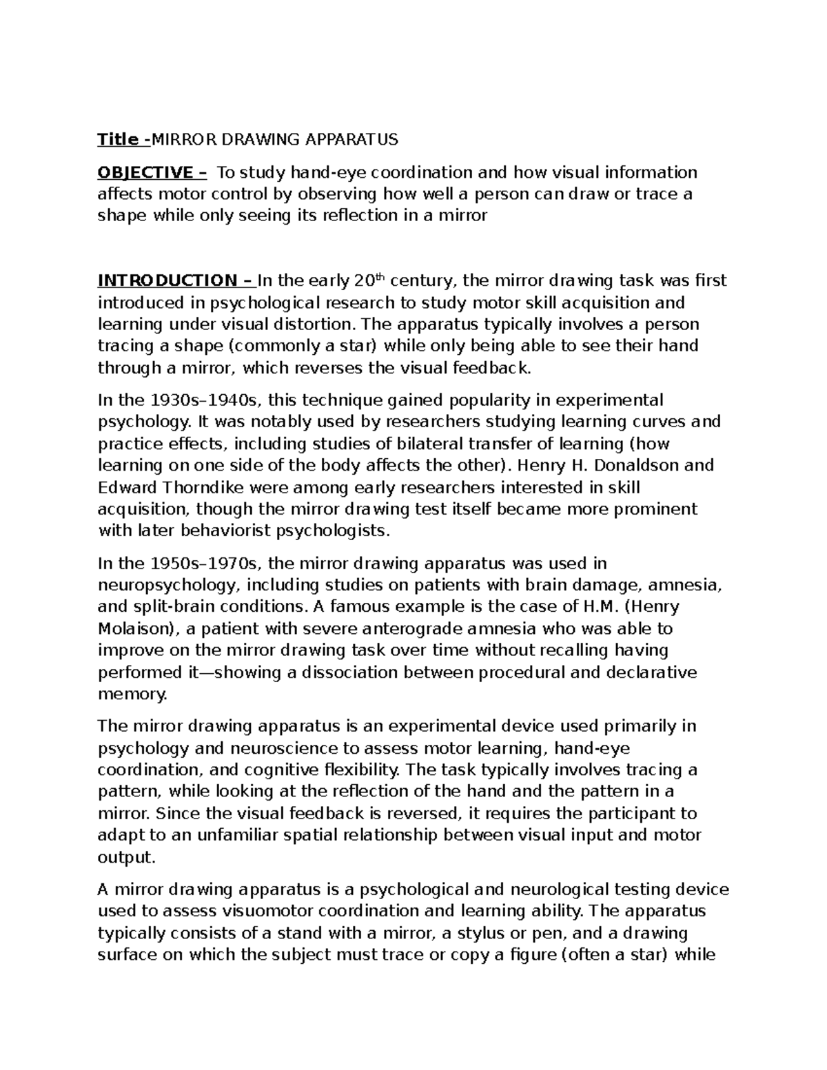 Mirror Drawing Apparatus: Exploring Motor Control & Coordination - Studocu