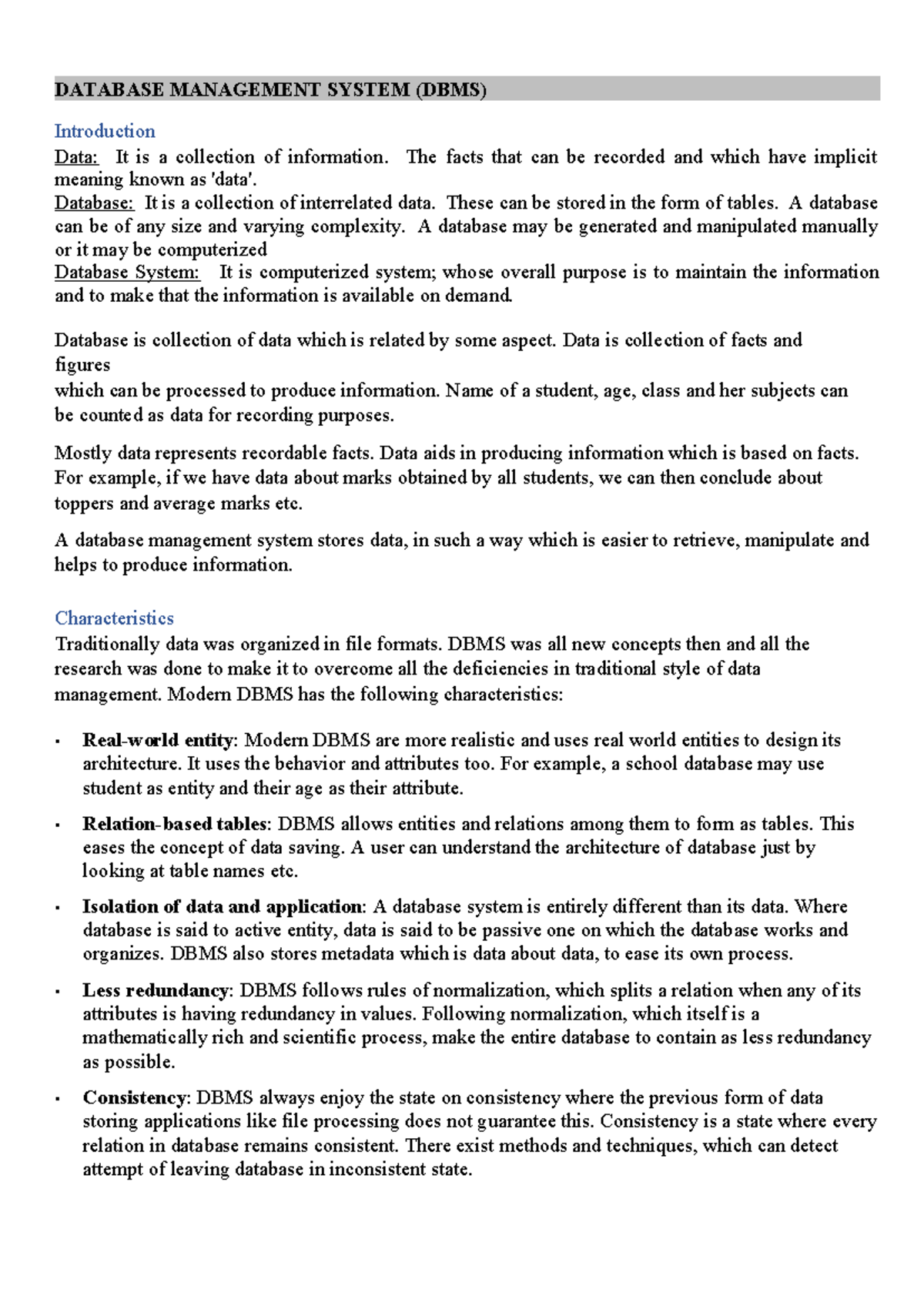 DBMS Overview and Key Concepts: A Comprehensive Guide - Studocu
