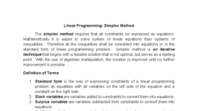 Linear Programming (LP) - Simplex Method Overview and Examples - Studocu